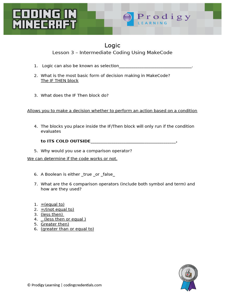 Minecraft Intermediate L3 Worksheet | PDF