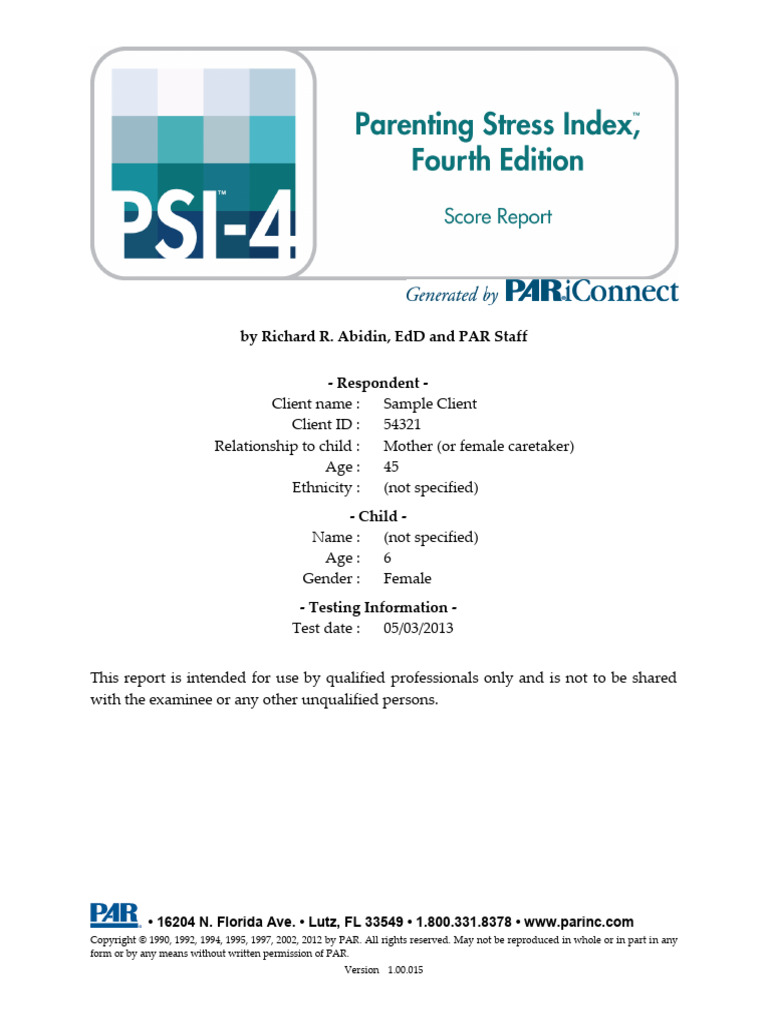 Sample PSI 4 PARiConnect Score Report | PDF | Behavioural Sciences ...