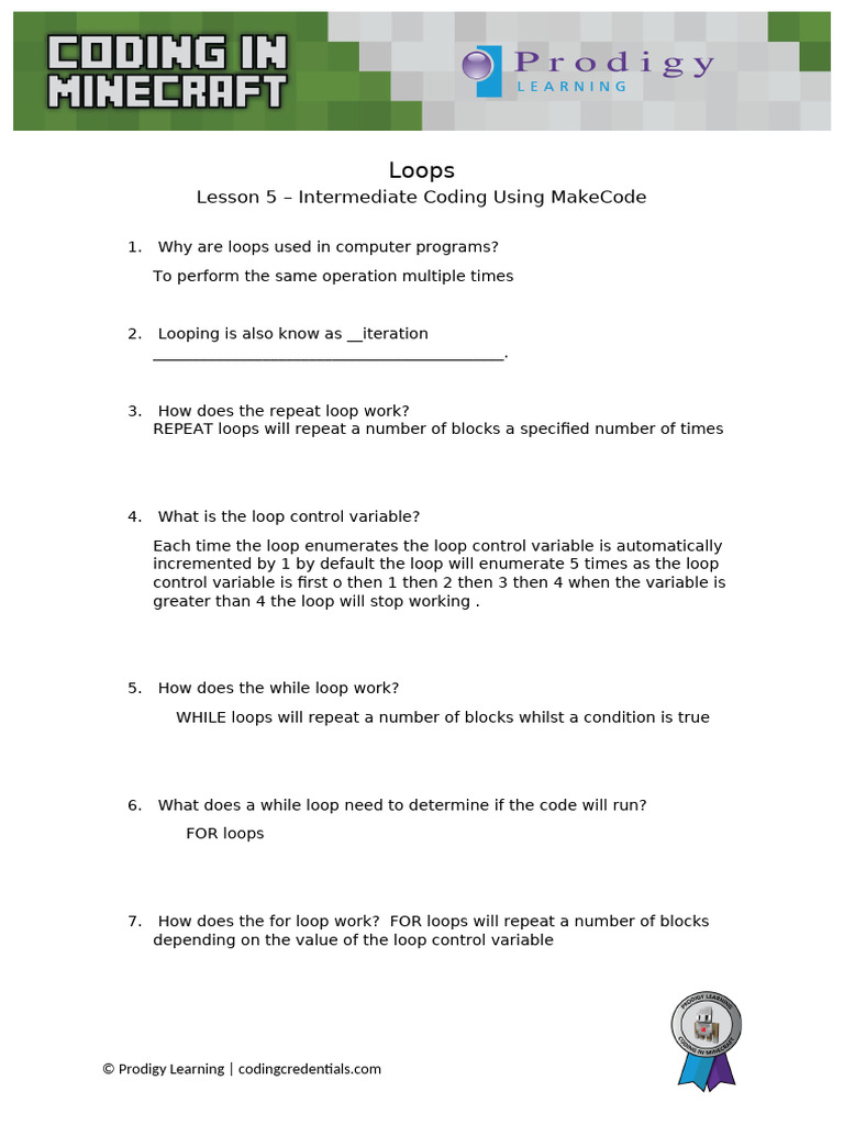 Minecraft Intermediate L5 Worksheet | PDF