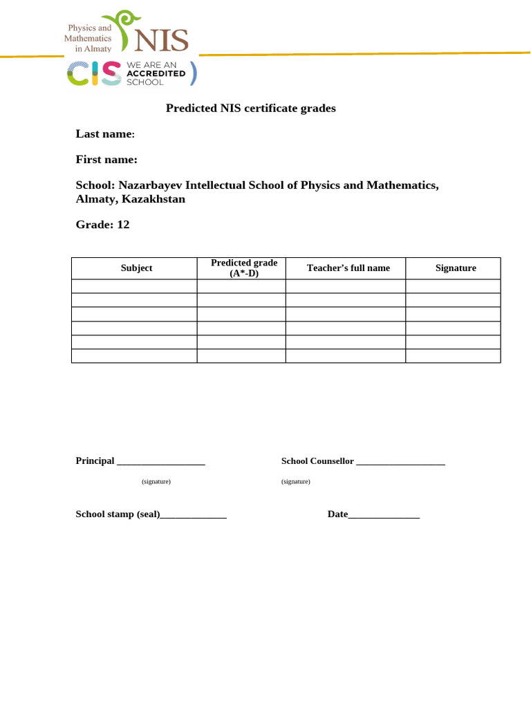 Предварительные оценки - Predicted grades for NIS category students | PDF
