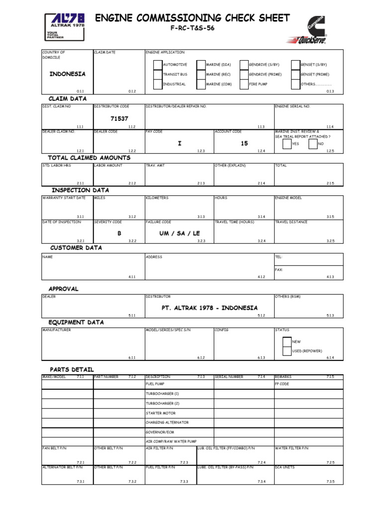 Engine Commissioning Check Sheet | PDF | Lubricant | Engines