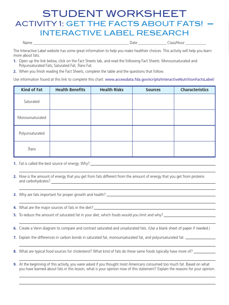 Understanding Fats: Student Worksheet | PDF