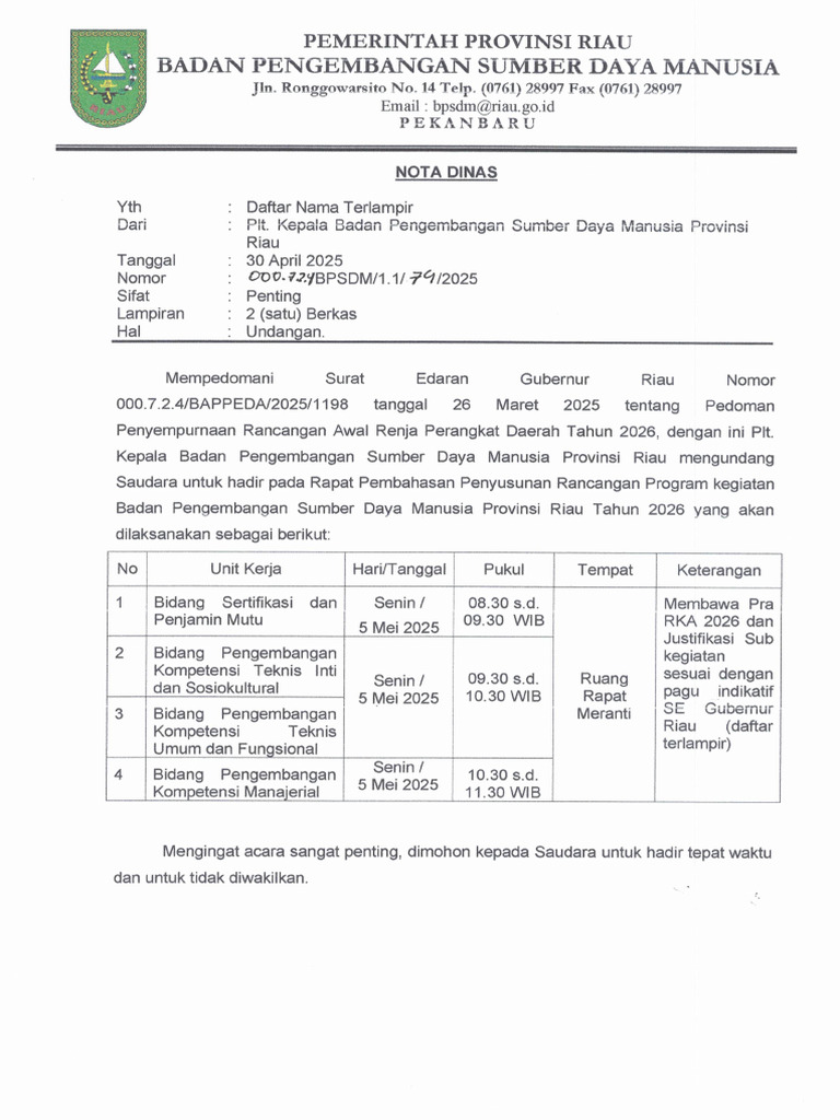 Nota Dinas - Rapat Pembahasan Penyusunan Rancangan Program Kegiatan BPSDM Tahun 2025 | PDF
