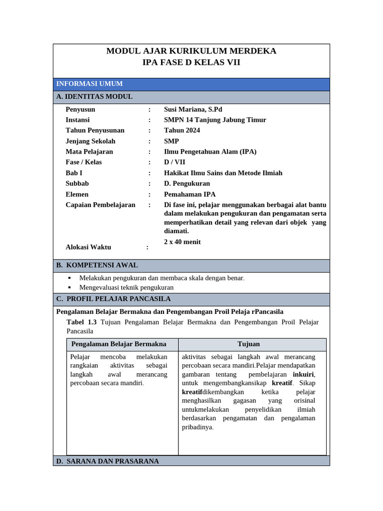 Modul Ajar IPA Kelas VII Kurikulum Merdeka | PDF