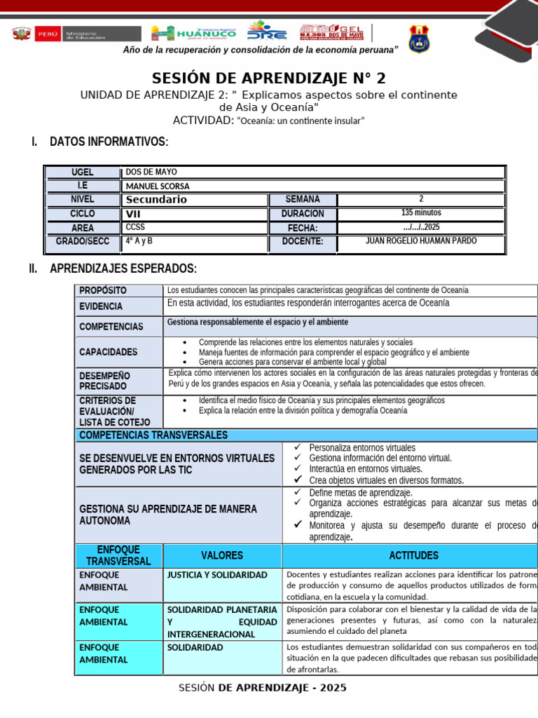 Sesion CCSS 4° Sec-Semana 02 Uni 2-2025-Chuquis | PDF | Aprendizaje | Oceanía