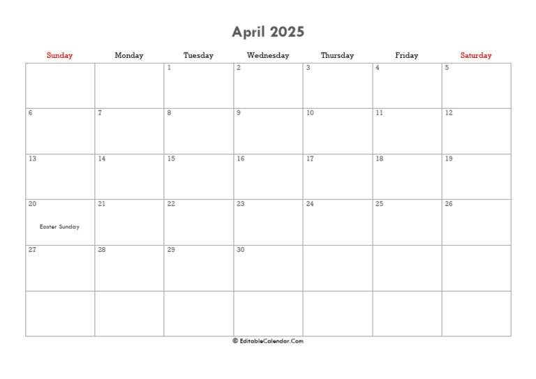 April 2025 Calendar Template | PDF