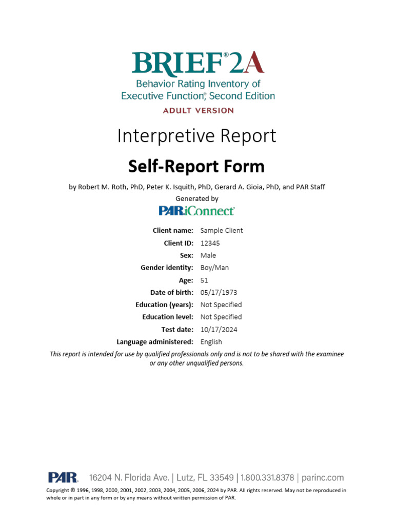 Brief2a Self Report Form Interpretive Report Sample | PDF | Cognition ...