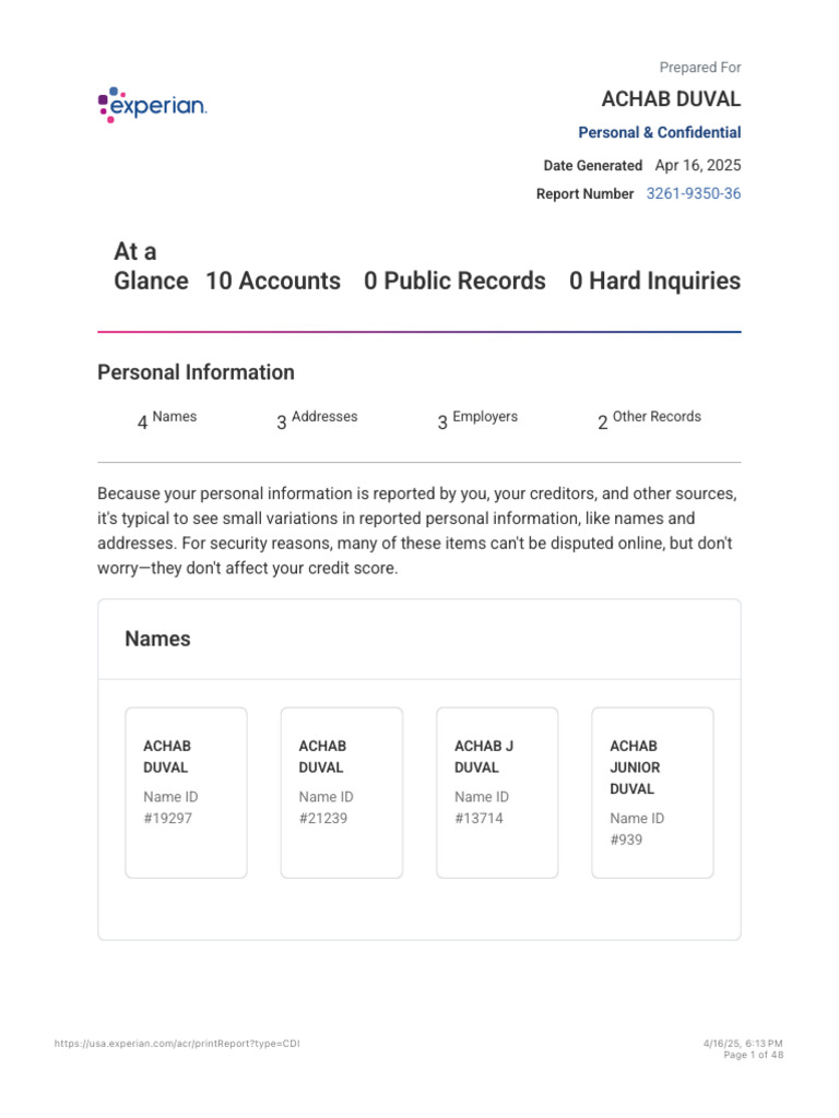 Experian Credit Report Summary | PDF | Credit | Finance & Money Management