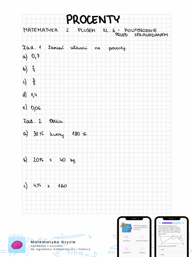 Zadania Na Sprawdzian Matematyka Z Plusem Klasa 6 - Procenty | PDF