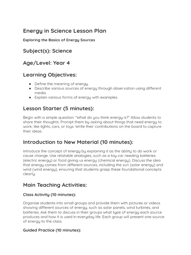 Energy in Science Lesson Plan | PDF | Energy Development | Lesson Plan