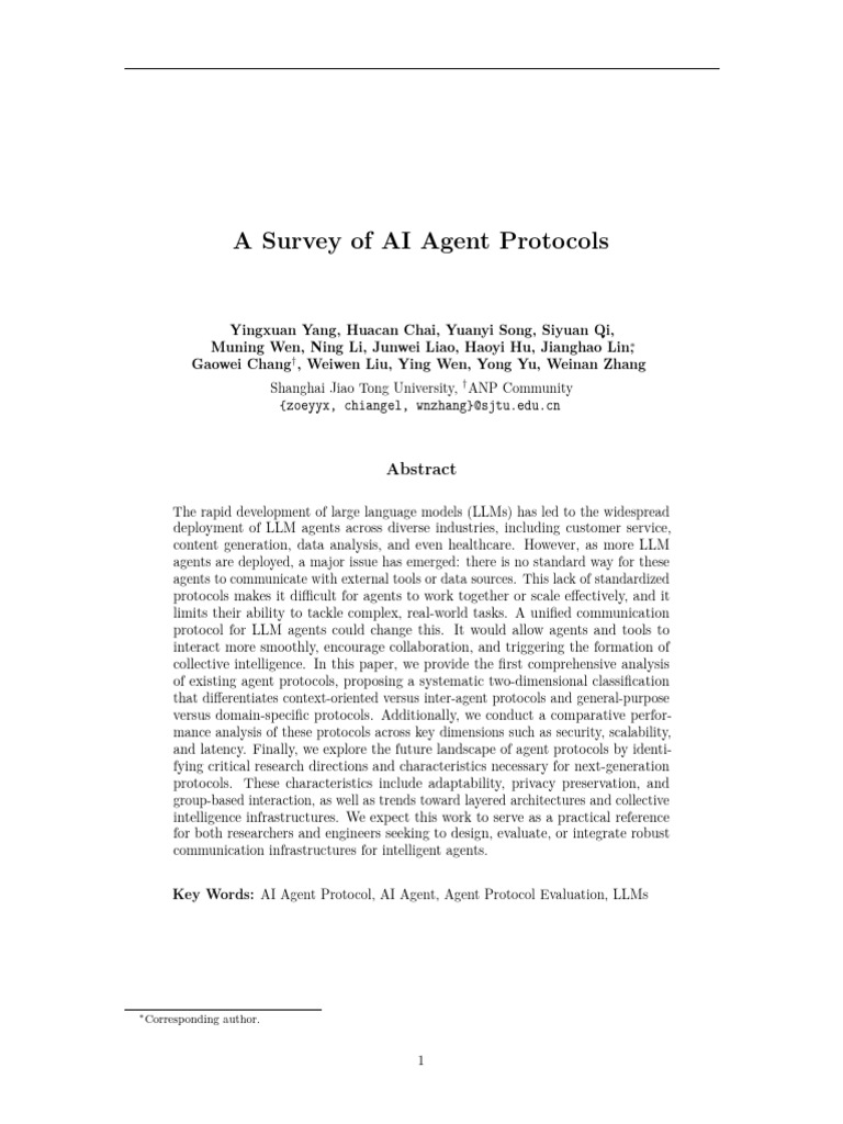 A Survey of AI Agent Protocols, Yingxuan Yang Et Al., 2025, V2 | PDF ...