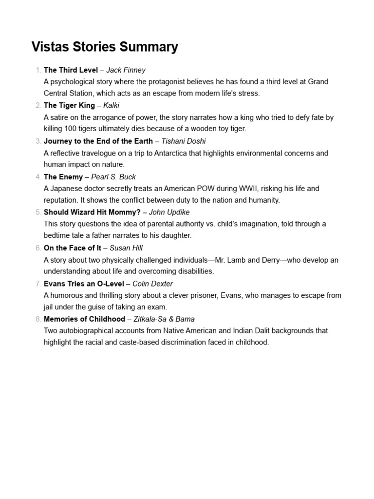 Summary of Vistas Stories Analysis | PDF
