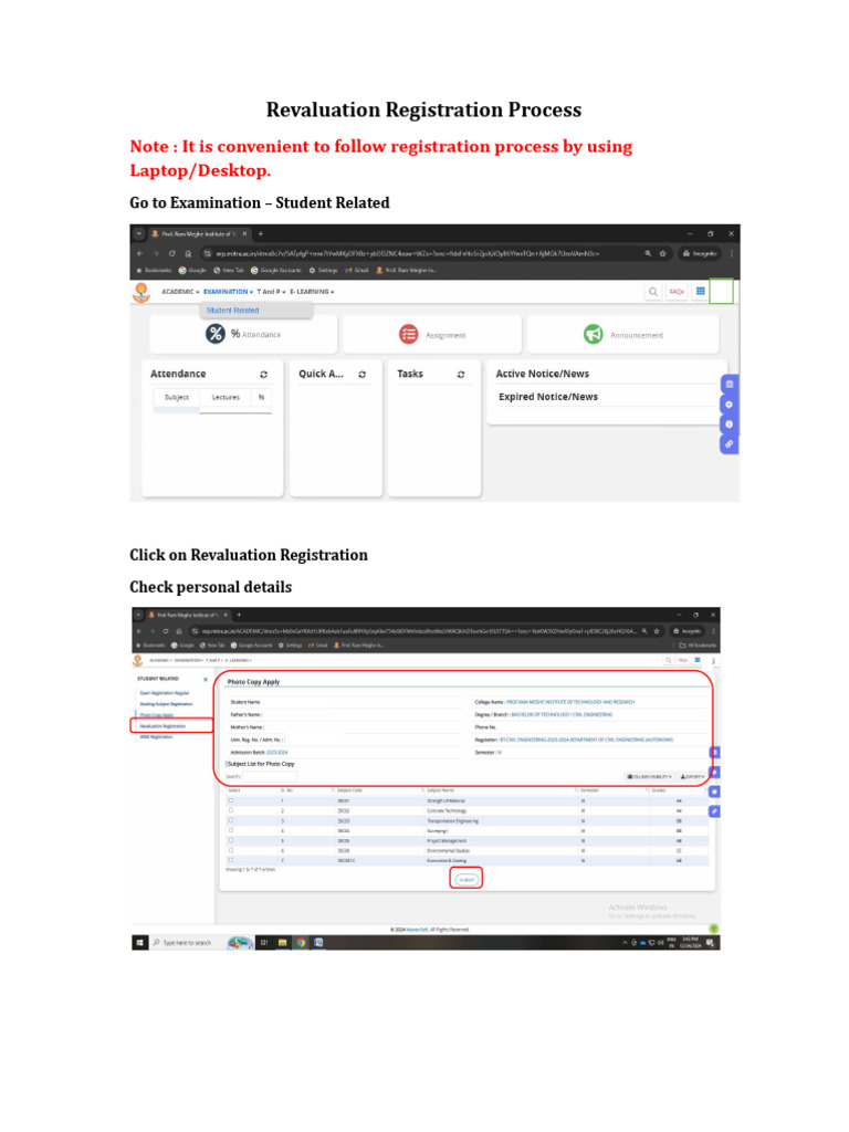 Revaluation Registration Process | PDF