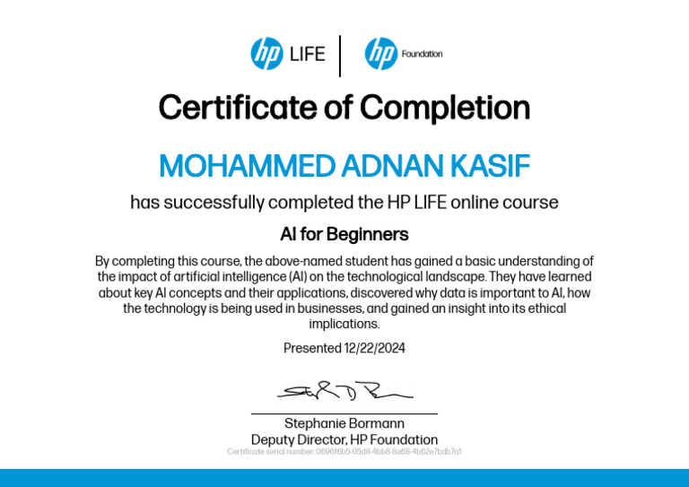 HP LIFE AI for Beginners Certificate | PDF