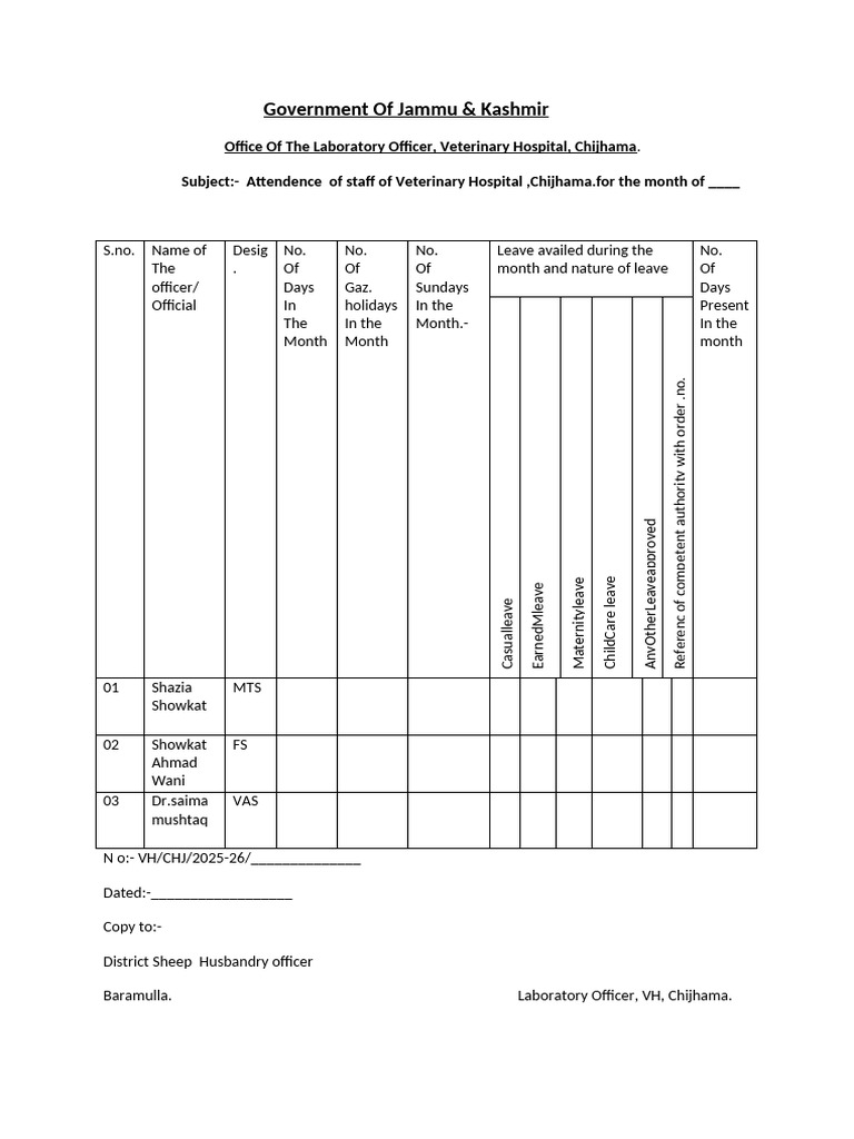 Attendance Format Chijhama | PDF