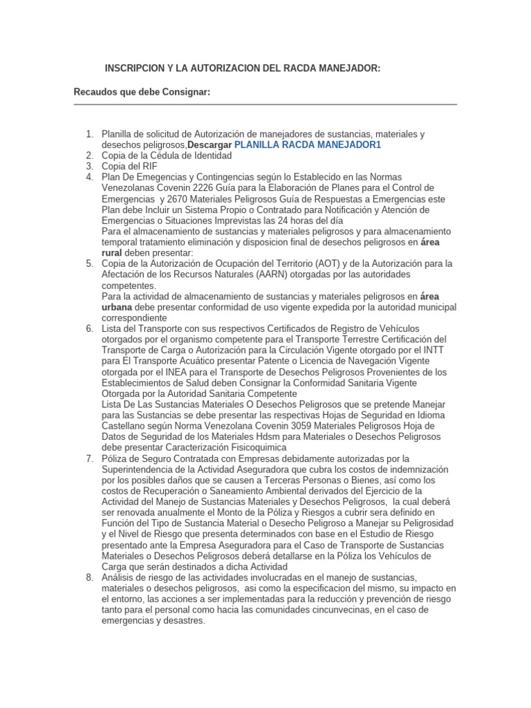 Requisito Racda Manejador | PDF | Residuos | Póliza de seguros