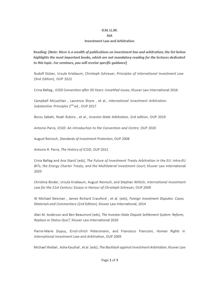 Investment Law and Arbitration - AIA | PDF