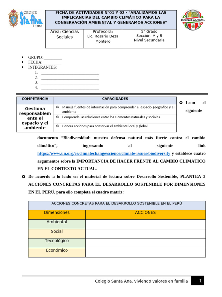 FICHA DE ACT CAMBIO CLIMATICO CCSS 5TO AÃ O | PDF | Entorno natural | Sustentabilidad