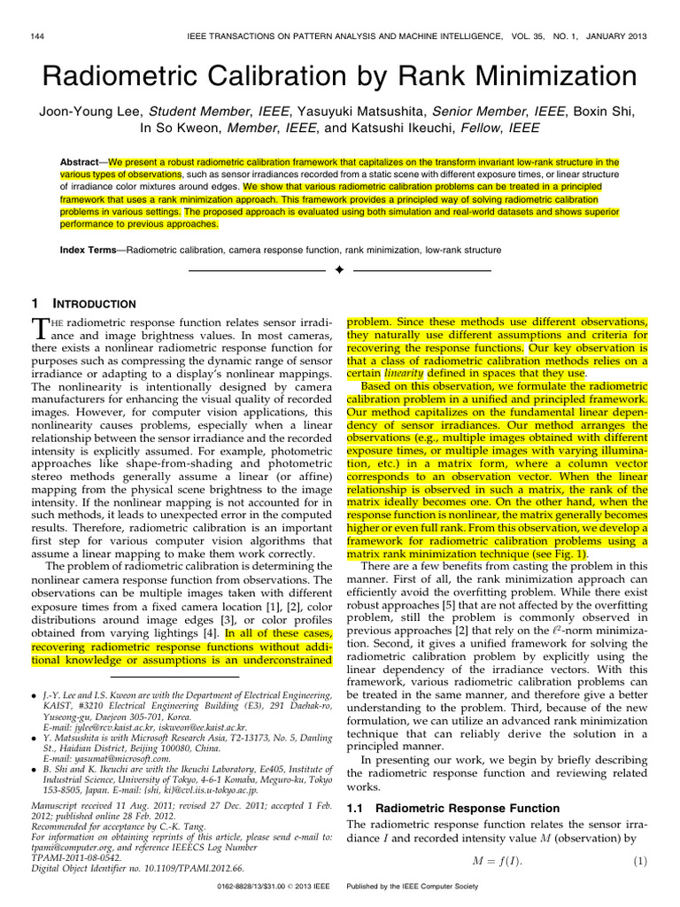 Radiometric Calibration by Rank Minimization - PAMI - Oltai | PDF | Matrix (Mathematics ...