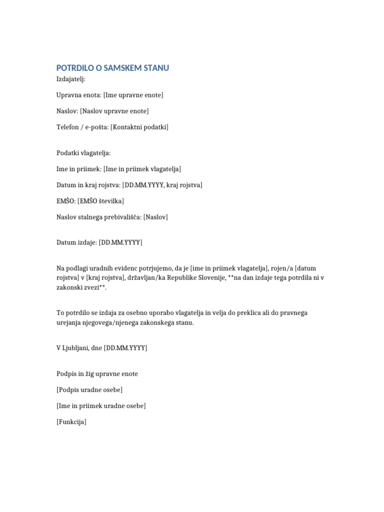 Potrdilo o Samskem Stanu | PDF