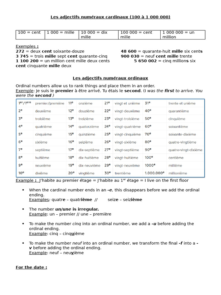 Les Adjectifs Numéraux Cardinaux Et Ordinaux | PDF