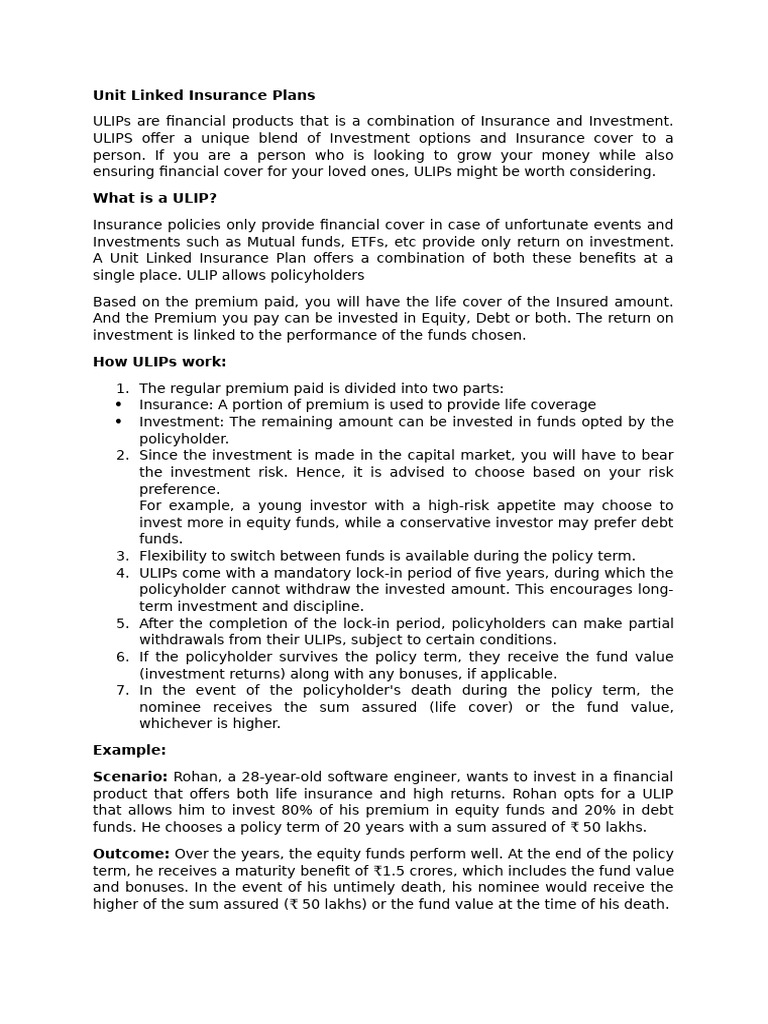 Unit Linked Insurance Plans | PDF | Insurance | Money