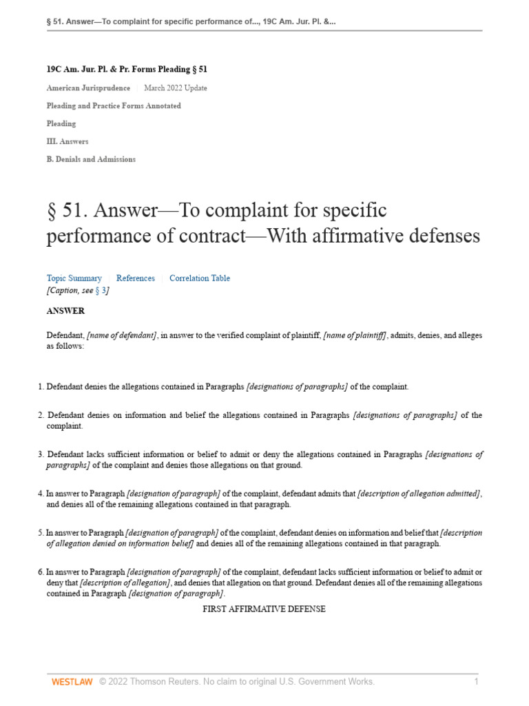 51 AnswerTo Complaint For Specific Performance of Contractwith ...