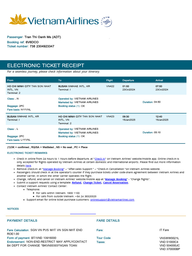 Electronic Ticket-EMD Receipt 23OCT For THI OANH TRAN | PDF