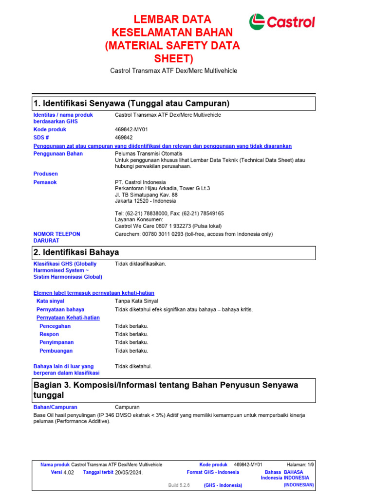 MSDS Castrol Transmax ATF Dex Merc Multivehicle | PDF