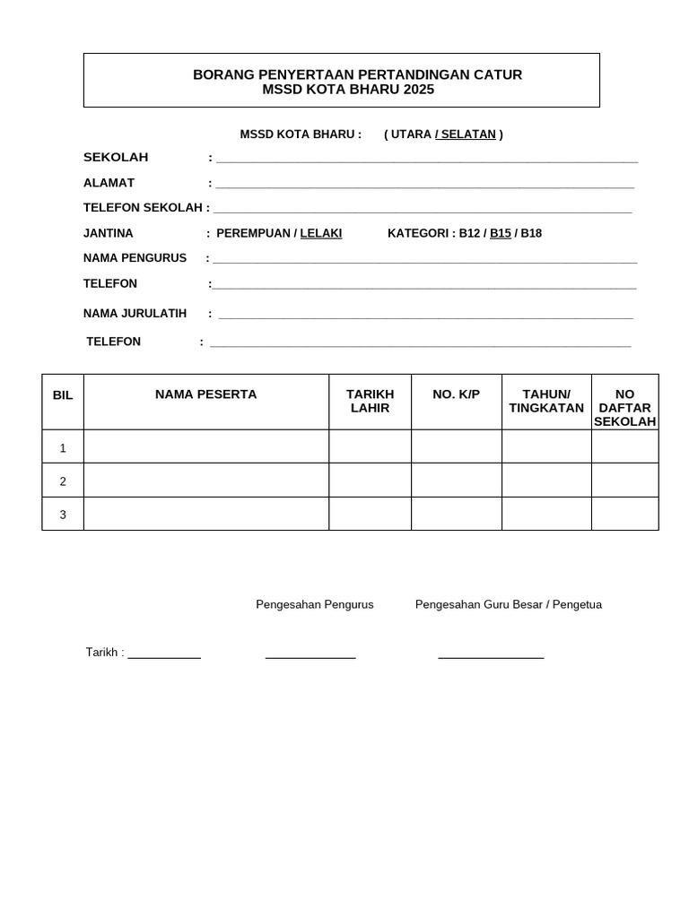 Borang Penyertaan Catur MSSD 2025 B15 | PDF
