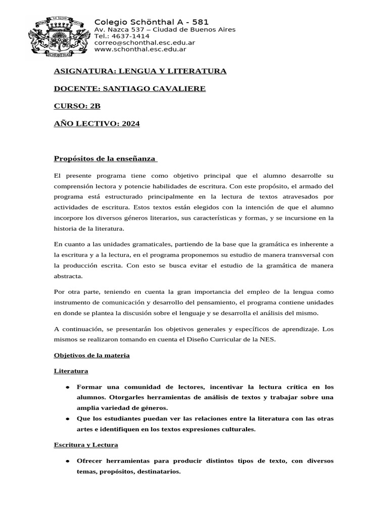 Programa 2B 2024 Lengua y Literatura | PDF | Oración (Lingüística ...