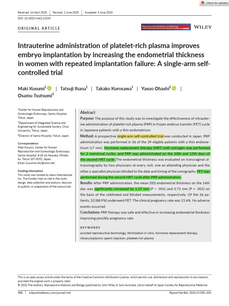 Reprod Medicine Biology - 2020 - Kusumi - Intrauterine Administration ...