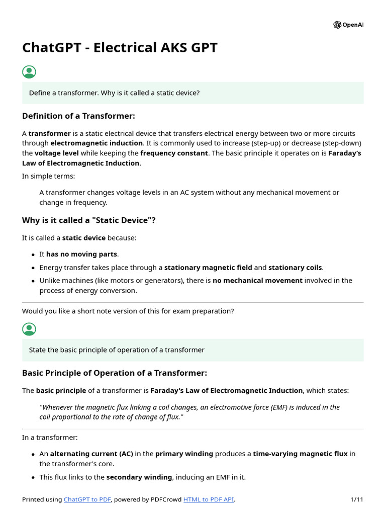 ChatGPT - Electrical AKS GPT | PDF | Transformer | Electromagnetic Induction