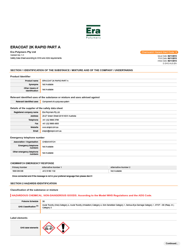ERACOAT 2K RAPID PART A-GHS-AUSTRALIA | PDF | Occupational Safety And Health | Safety