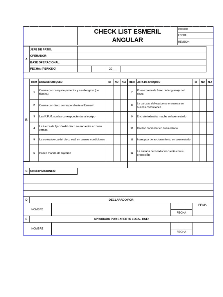 Checklist de Seguridad para Esmeril Angular | PDF