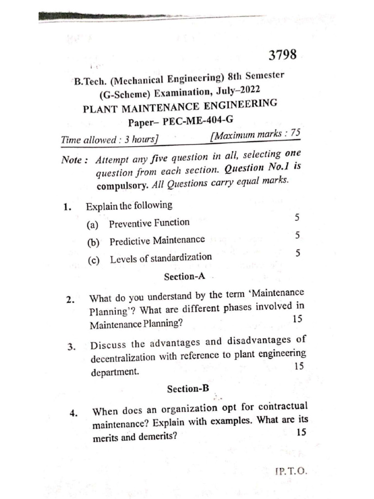 2022 July Btech Me 8TH Sem Plant Maintenance Engineering | PDF