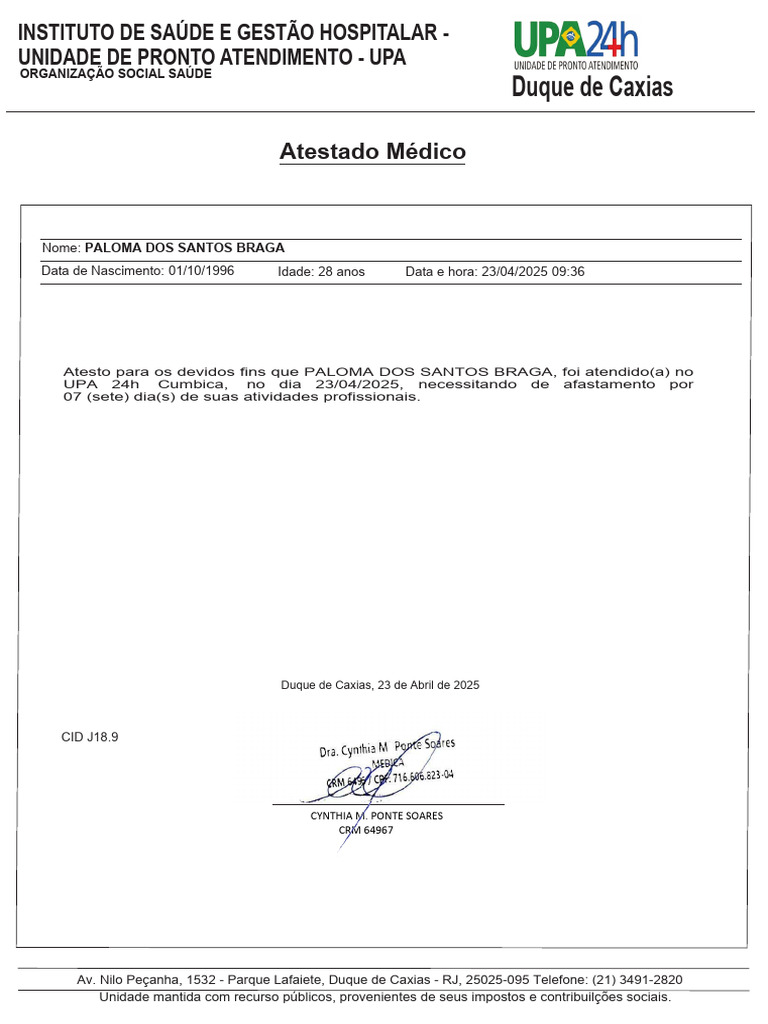 Atestado Upa 24hr | PDF