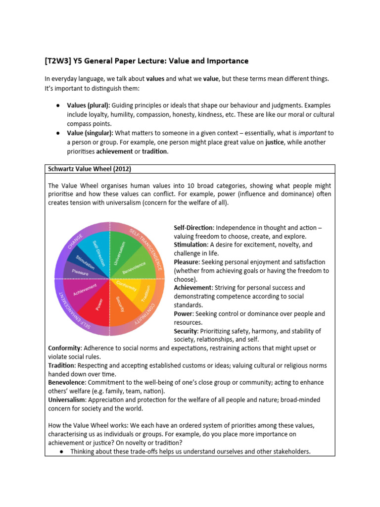 Y5 Lecture Value and Importance Worksheet S S Copy | PDF | Corporate ...