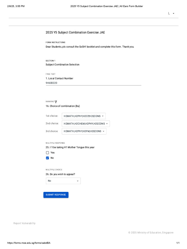 2025 Y5 Subject Combination Exercise JAE - All Ears Form Builder | PDF
