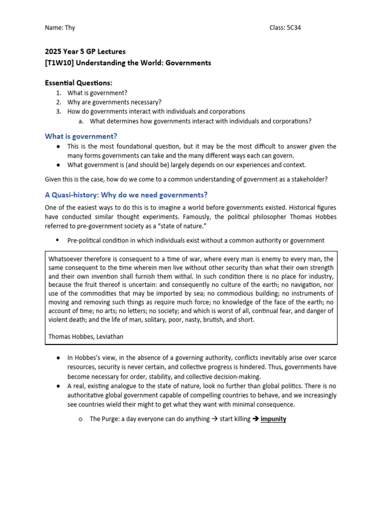 2025 - Y5 - Lect - Understanding The World - Govts (Students) | PDF | Taxes | Free Market