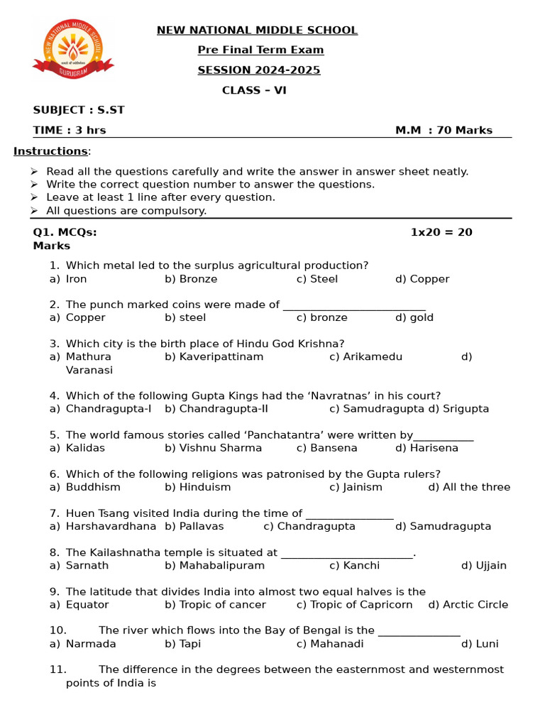 Class 6 SST Pre Final Term | PDF