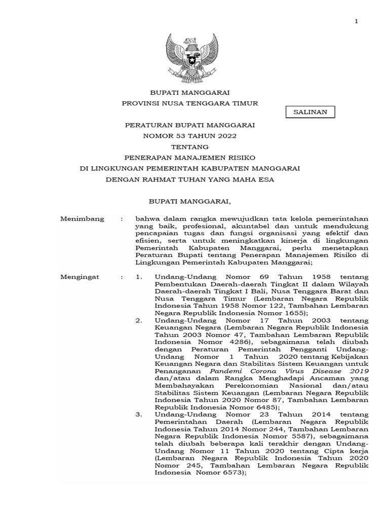 Perbup Nmr 53 Thn 2022 ttg Penerapan Manajemen Risiko di Lingkungan Pemerintah Kabupaten ...