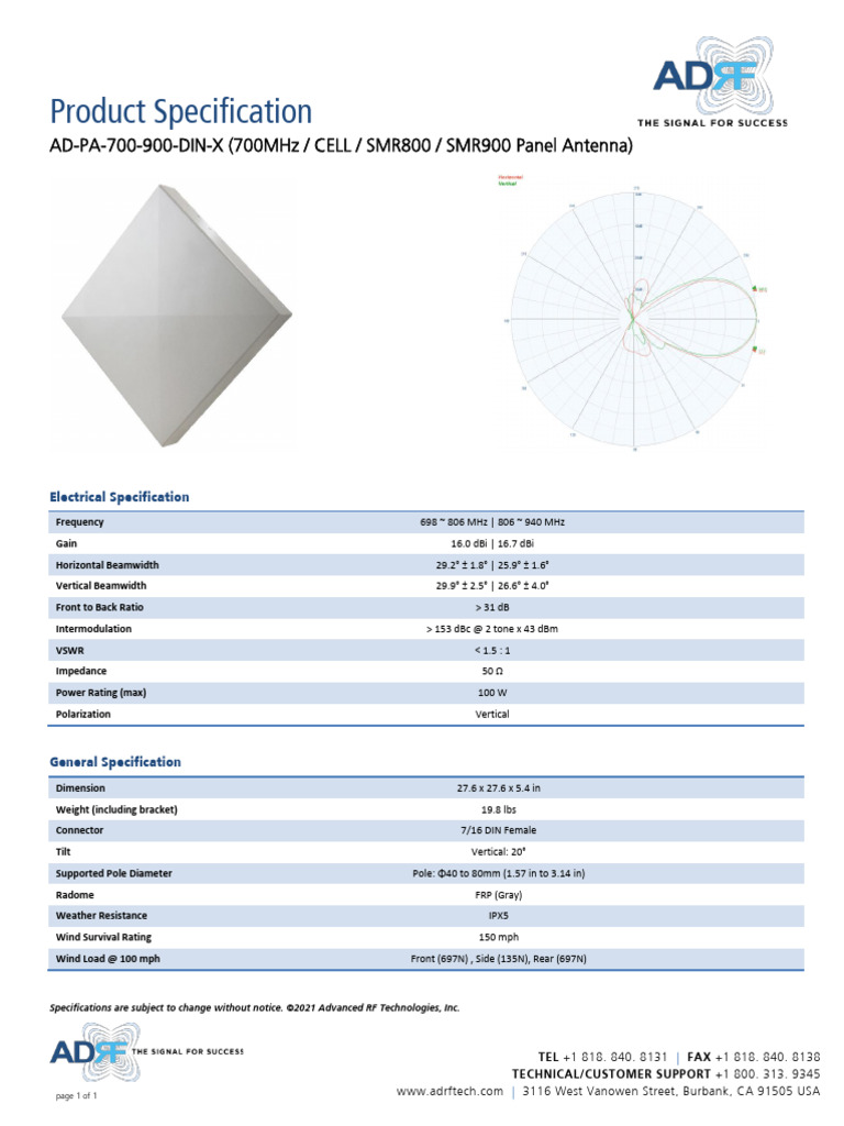 Product Specification: Ad-Pa-700-900-Din-X (700Mhz / Cell / Smr800 / Smr900 Panel Antenna) | PDF ...