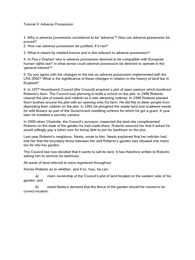 Tutorial 4 Adverse Possession | PDF