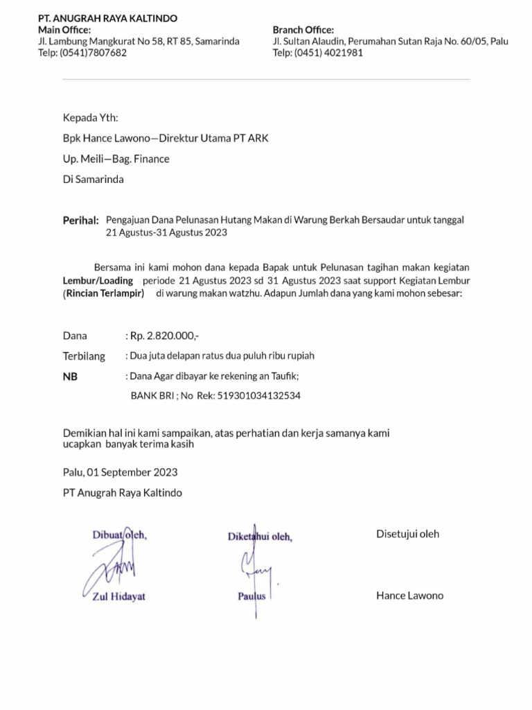 Pengajuan - Katering - Lmebur - Tongkang - 21 - 31 Agustus 2023 | PDF