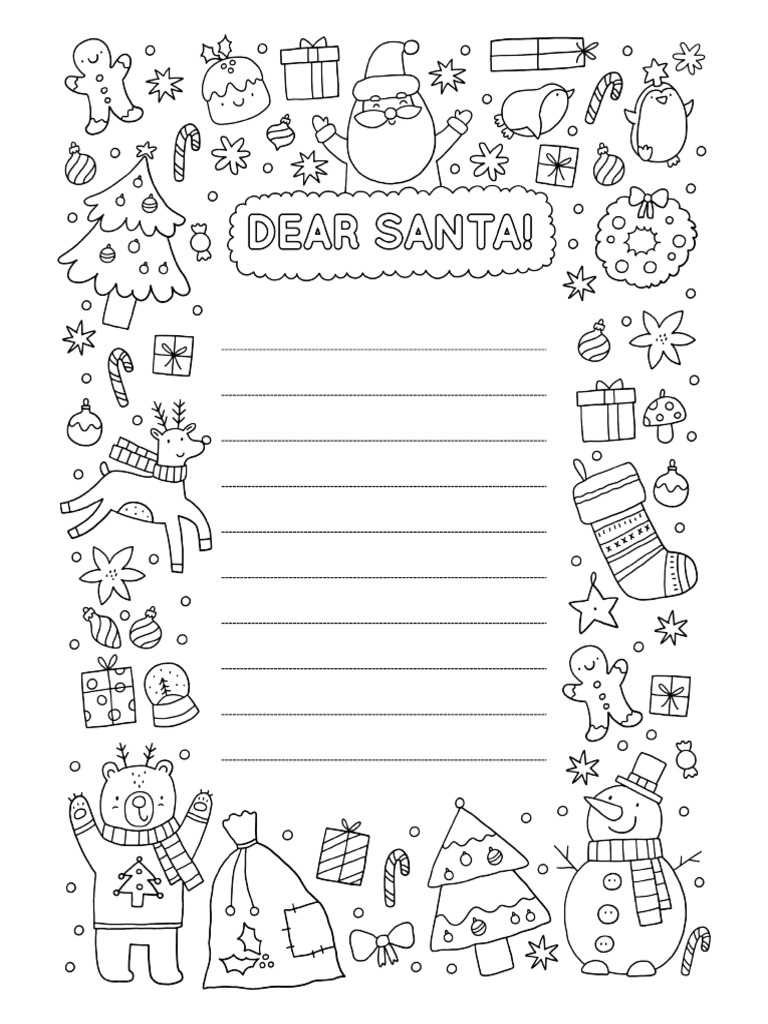 Black and White Coloring Page Printable Santa Letter Worksheet | PDF