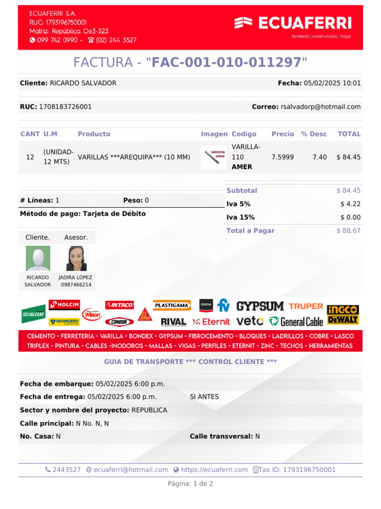 FACTURA - "FAC-001-010-011297": Cant U.M Producto Imagen Codigo Precio % Desc Total | PDF