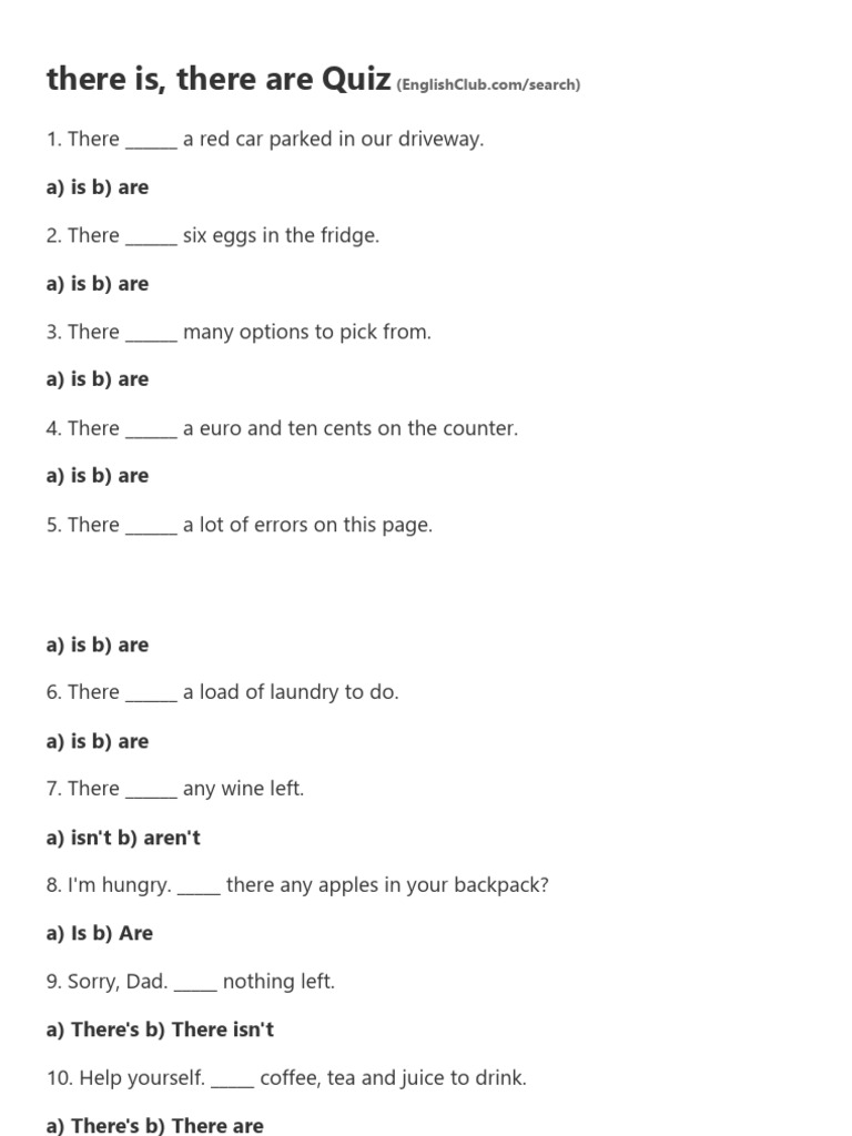 "There Is/Are Quiz for English Learners" | PDF