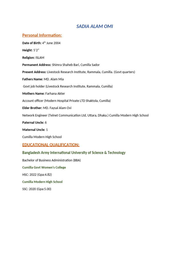 Sadia Alam Omi: Personal Information | PDF