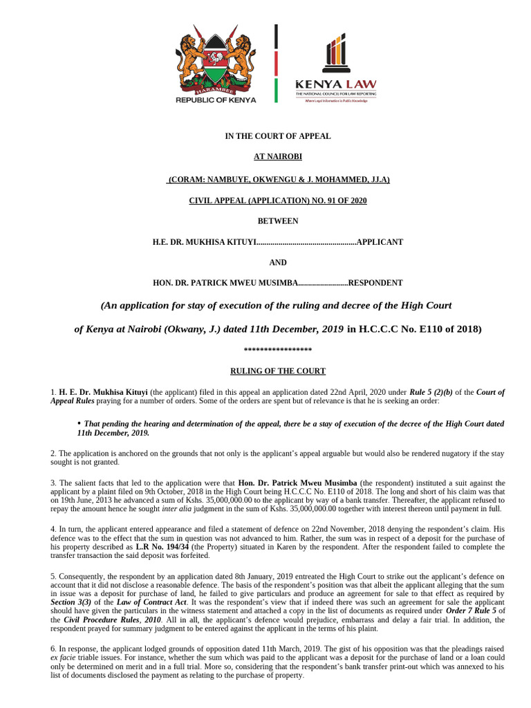 Mukhisa Kituyi V Patrick Mweu Musimba 2020KECA187 (KLR) | PDF | Legal Procedure | Judiciaries